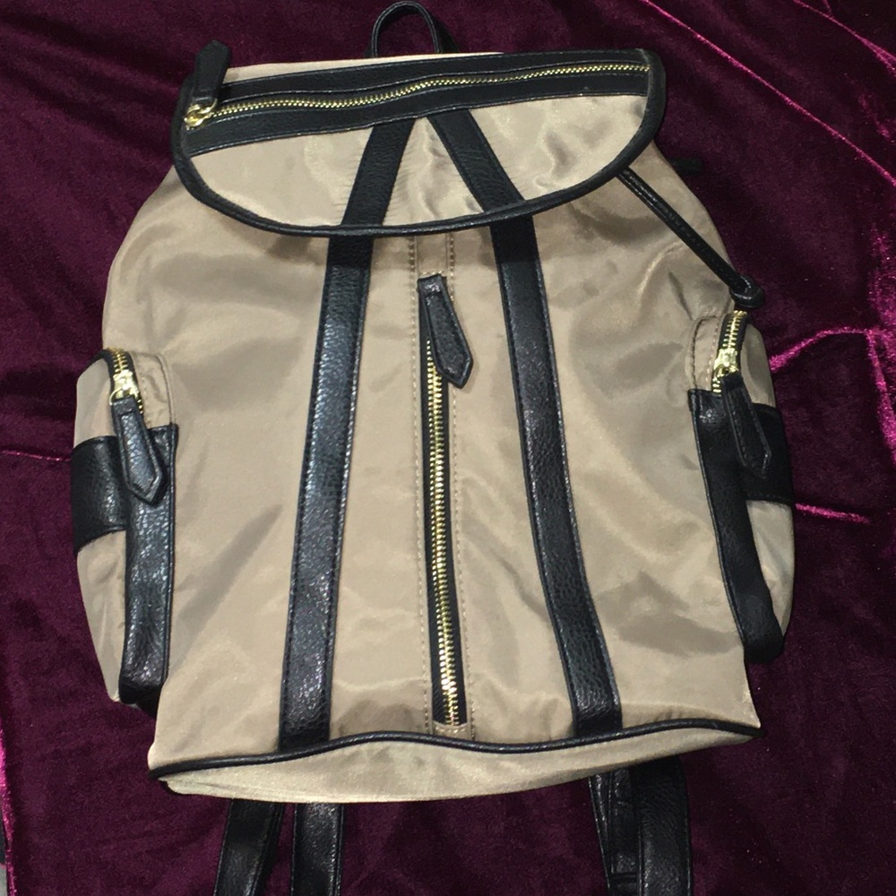 Madden Girl Backpack Taupe Chocolate Trim Faux Leather - Gem